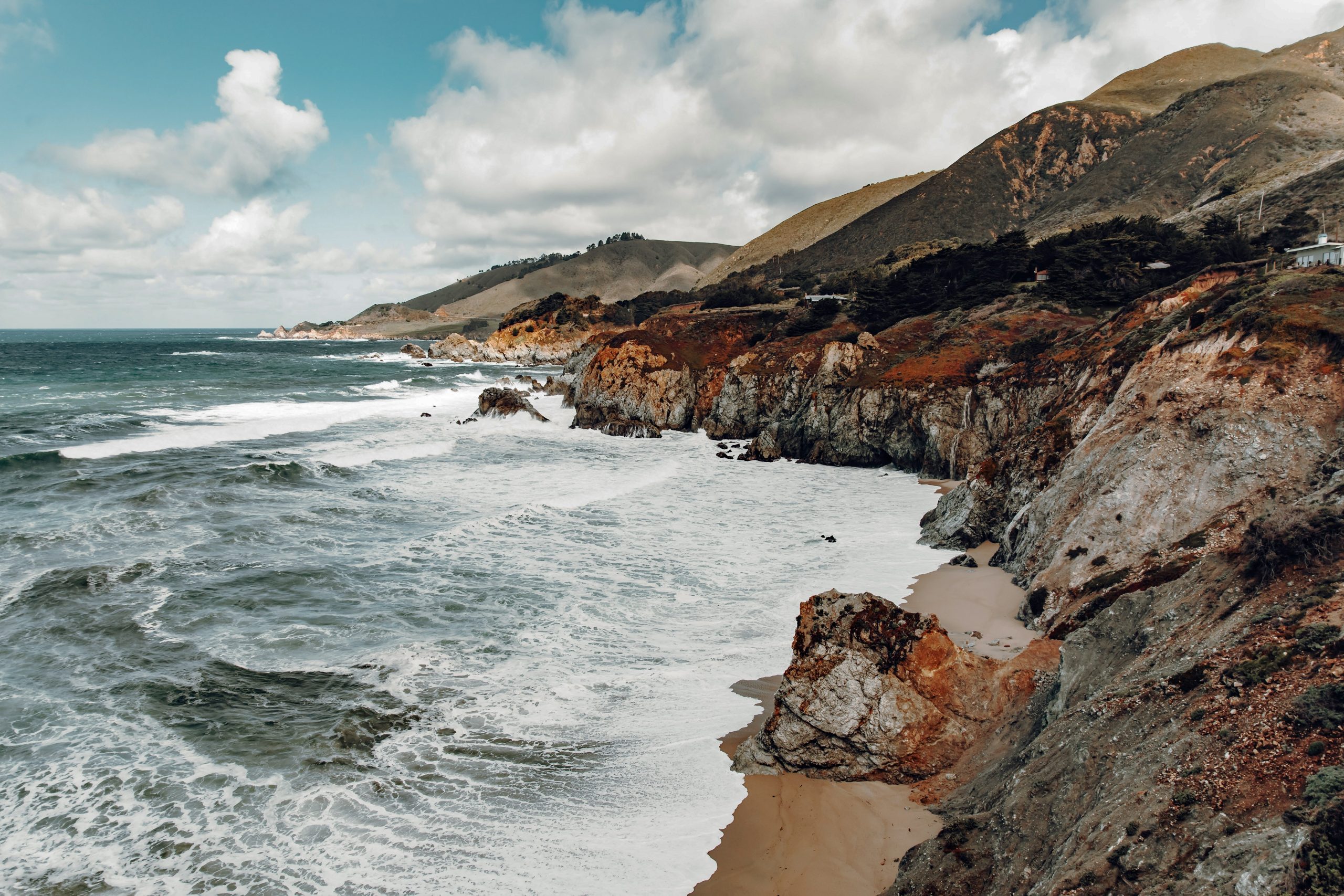 Cough cliffs and waves beside Highway 1, Los Angeles, USA - Beach ...