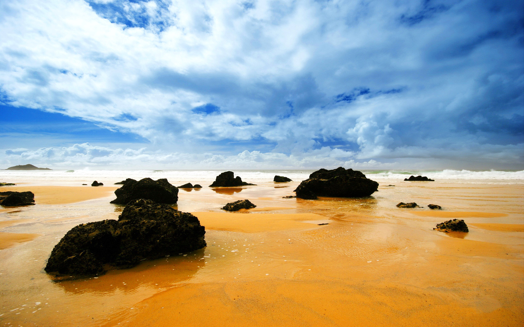 Orange ocean and black rocks beach wallpaper - Beach Wallpapers